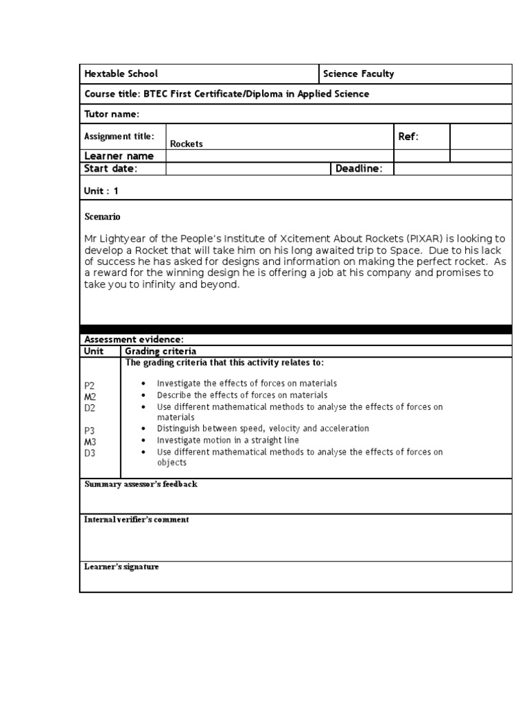 BTEC Applied Science: Rocket Design Assignment | PDF