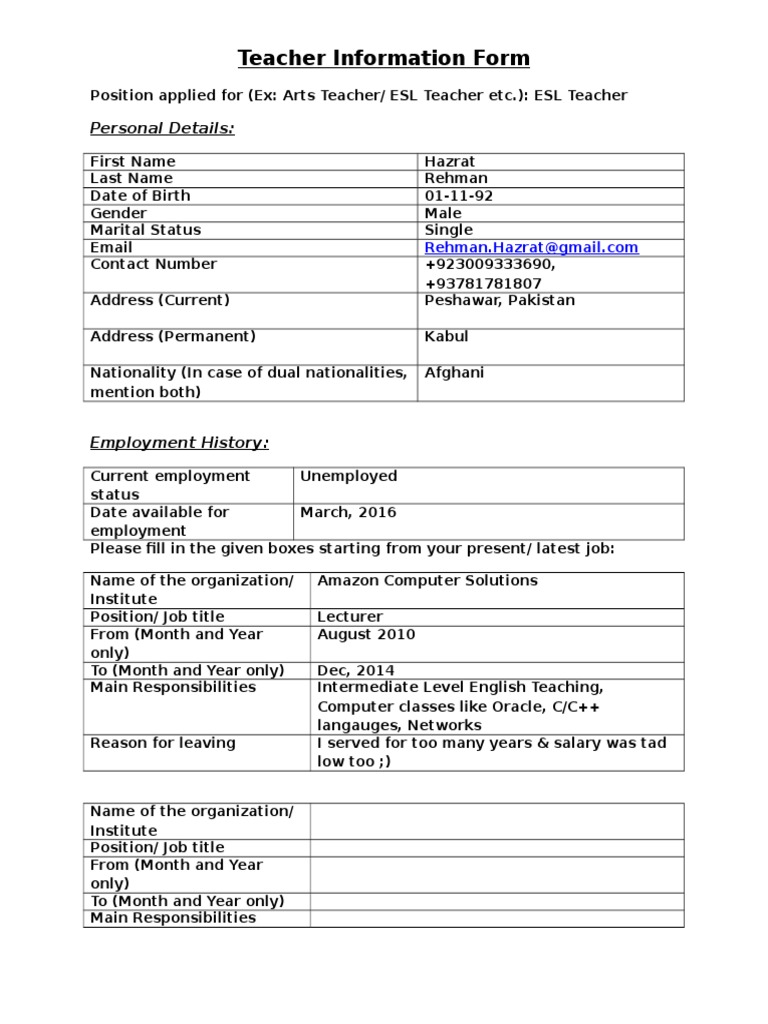 Teachers' Application Form | PDF | Teachers | Computing