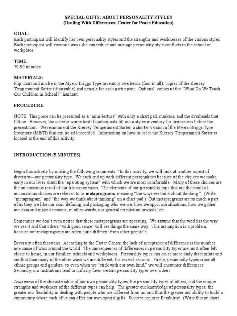 Myers Briggs Activity | PDF | Personality Type | Extraversion And Introversion