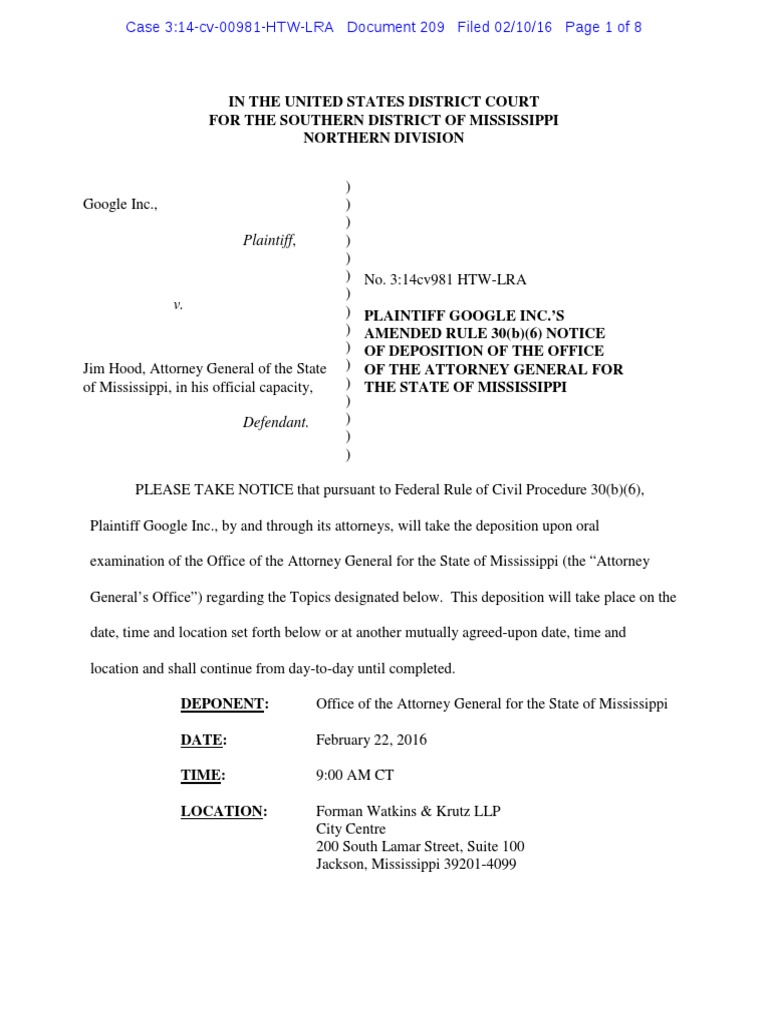 Notice To Depose MS AG Jim Hood 021916 | PDF | Cm/Ecf | Deposition (Law)