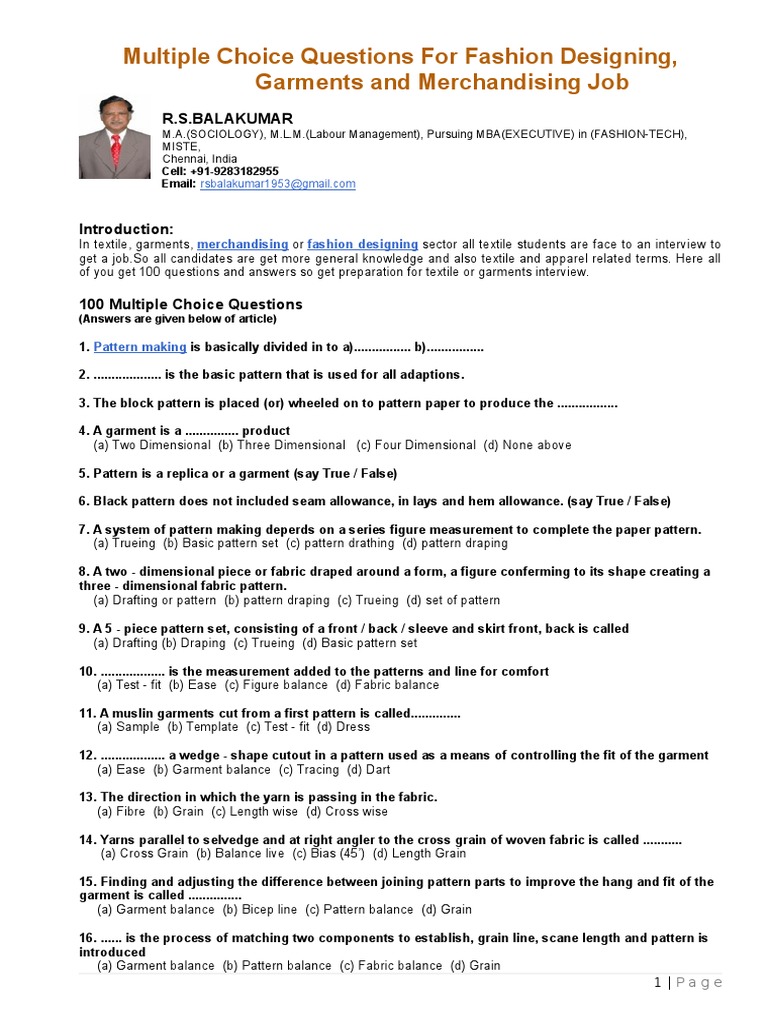 Multiple Choice Questions For Fashion Designing, Garments and ...