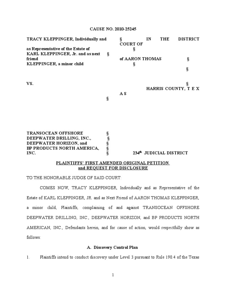 Plaintiff's Original Petition Estate of Karl Klepinger1a | PDF | Negligence | Deepwater Horizon