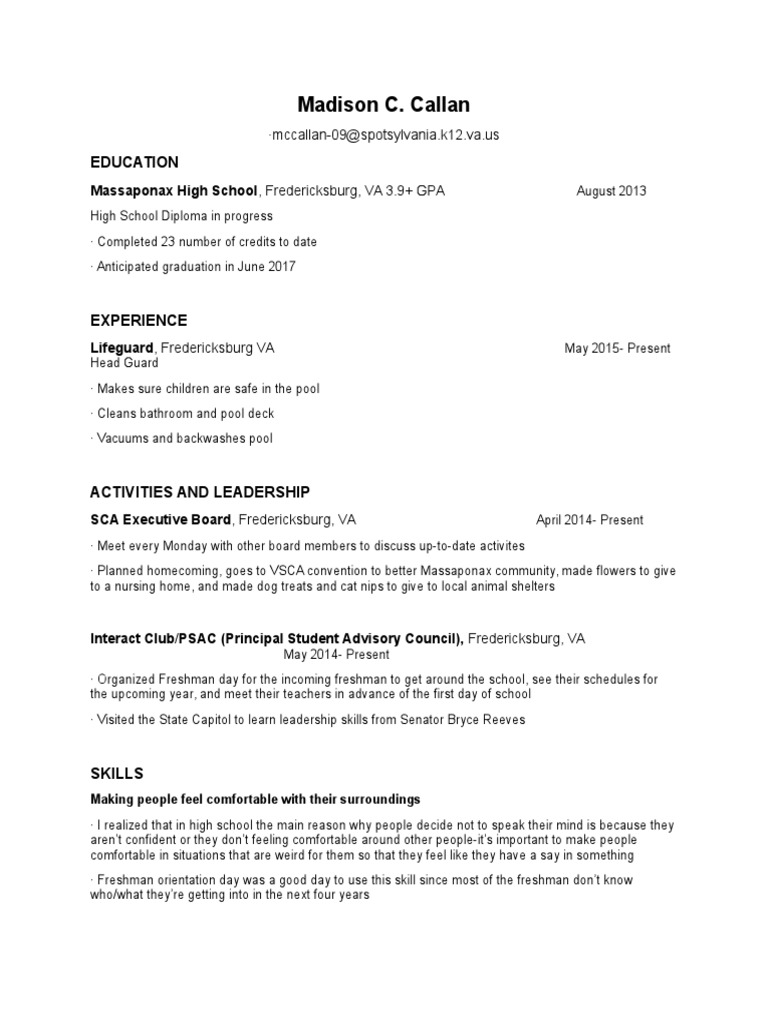 Madison Callan's High School Resume | PDF | Sports & Recreation | Wellness