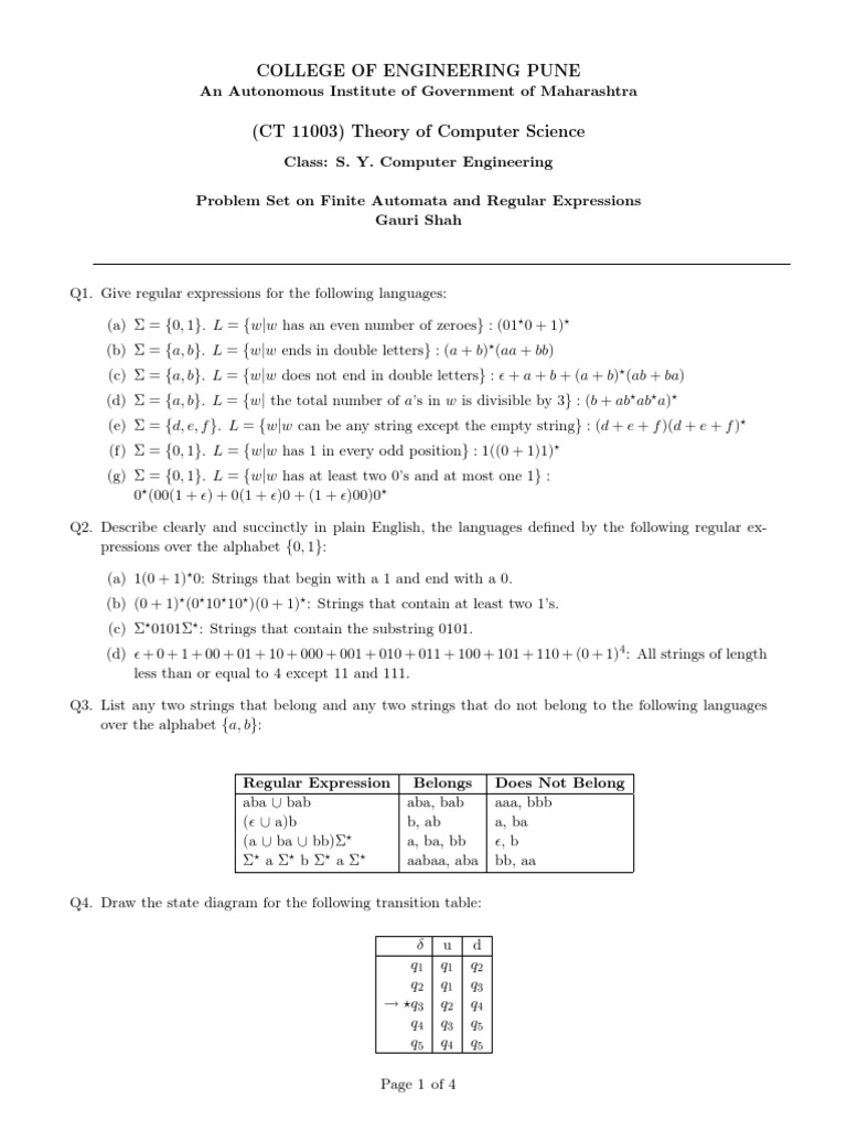 Problem Set 1 (Theory of Automota) | PDF | String (Computer Science) | Regular Expression