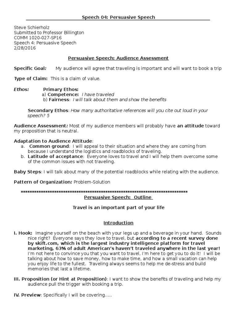 Persuasive Speech Outline Template Spring 2016 - Travel | PDF ...