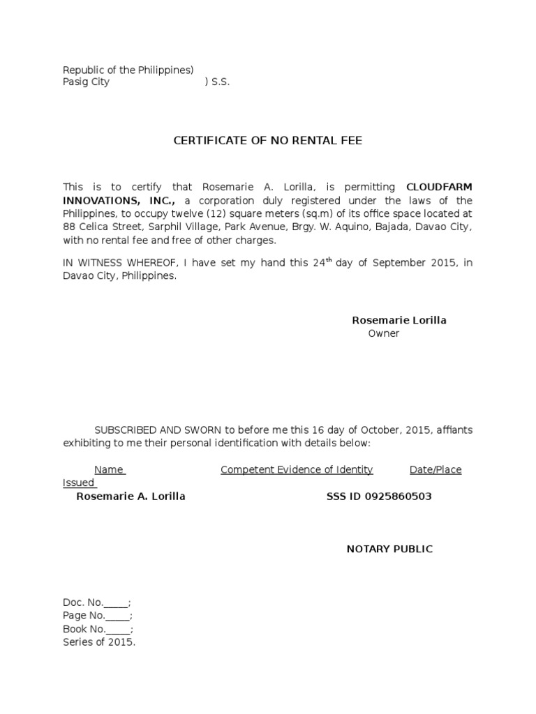 Certificate of No Rental Fee | PDF
