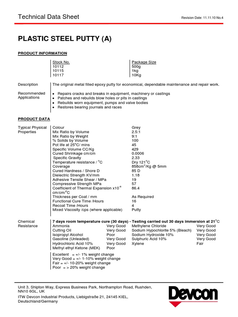 Devcon Plastic Steel Putty (A) - TDS | PDF | Epoxy | Abrasive