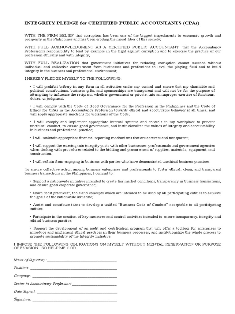 Integrity Pledge For Certified Public Accountants | PDF | Certified ...