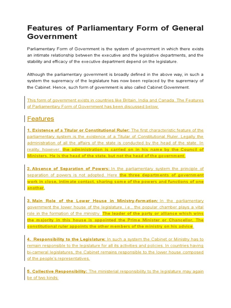Features of Parliamentary Form of General Government12 | Cabinet ...