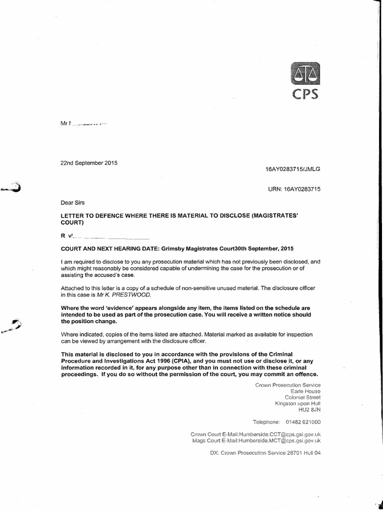Letter to Defence Where There is Material to Disclose - Redact ...