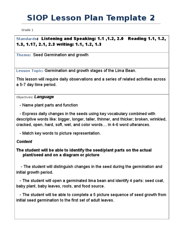 Siop Lesson Plan Sample