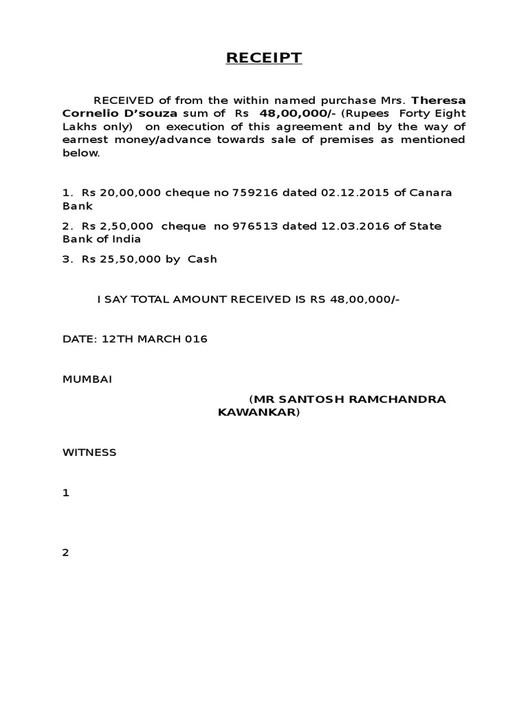 Receipt: Cornelio D'souza Sum of Rs 48,00,000/ - (Rupees Forty Eight | PDF