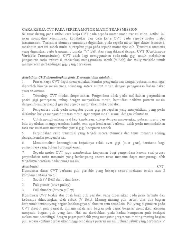 Cara Kerja CVT Pada Sepeda Motor Matic Transmission | PDF
