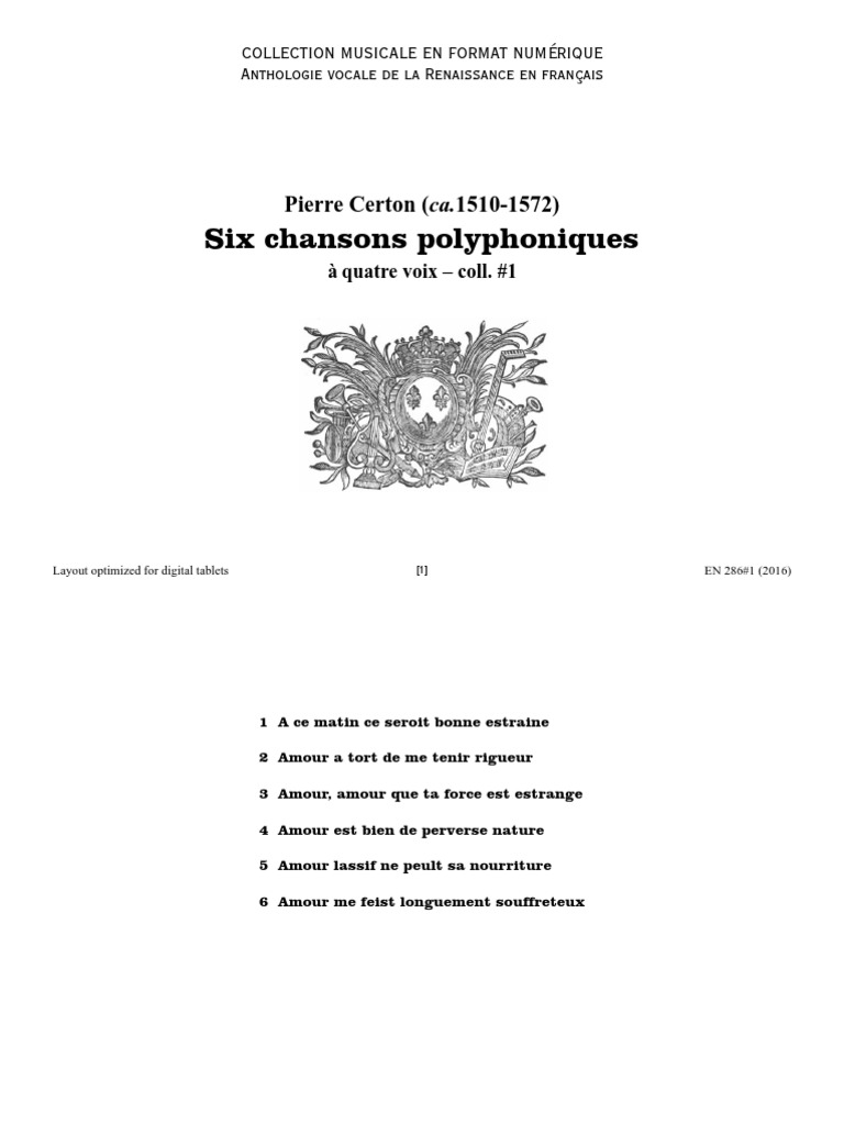 Six Chansons Polyphoniques À 4 Voix / Pierre Certon | PDF | Musique ...