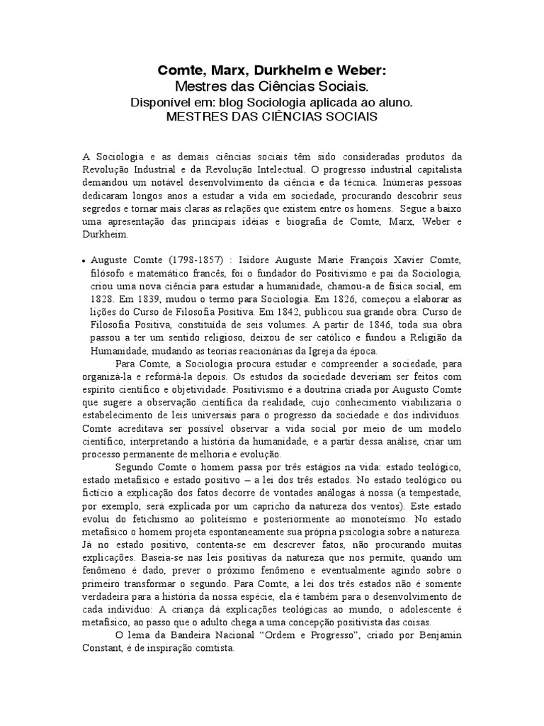 Comte, Marx, Durkheim e Weber PDF | Download grátis PDF | Émile ...