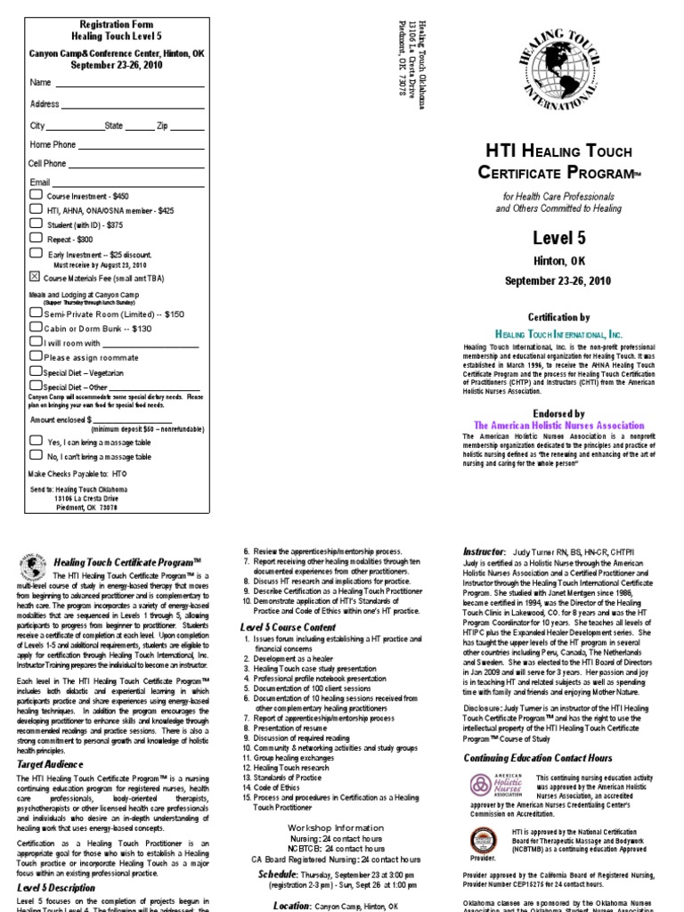 Hti H T C P: Registration Form Healing Touch Level 5 September 23-26 ...