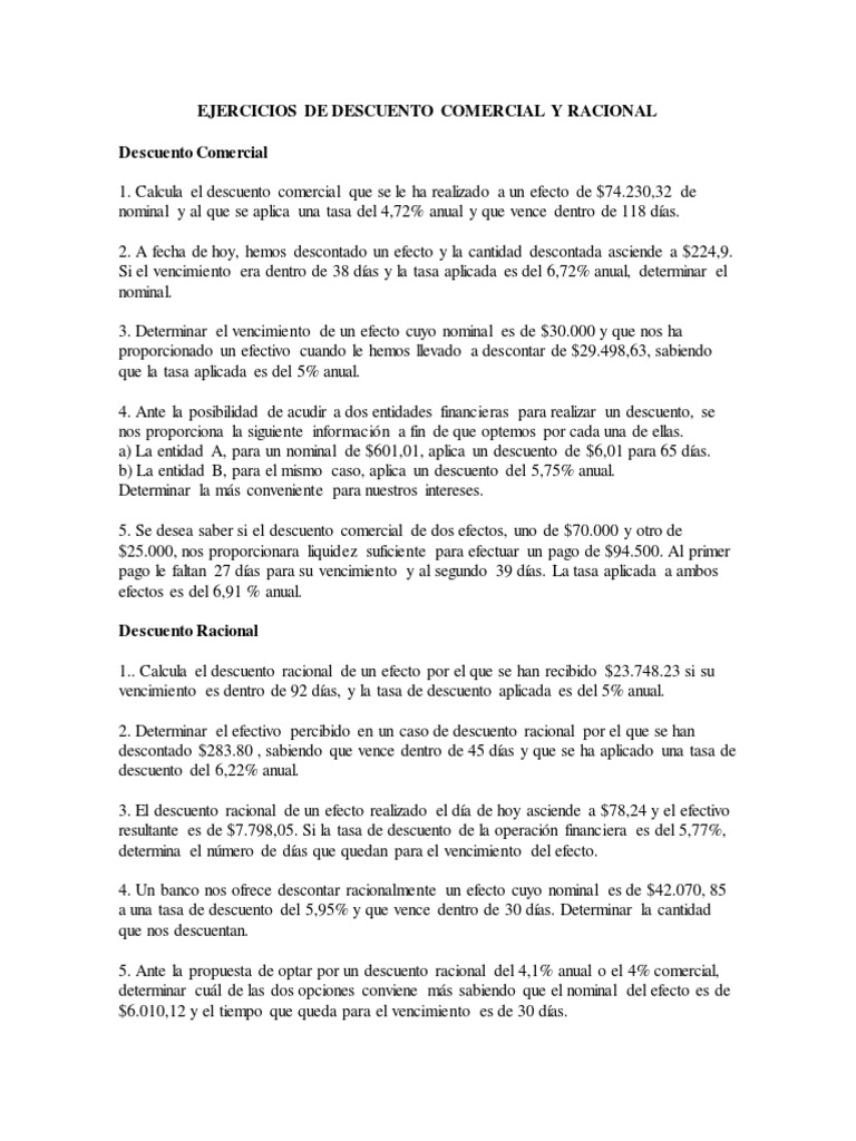 Ejercicios de Descuento Comercial y Racional | PDF | Dinero | Servicios ...