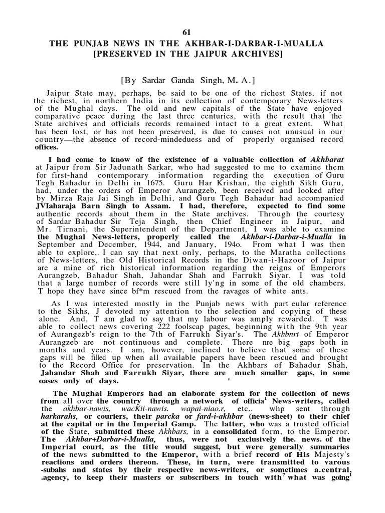 The Punjab News in The Akhbar-I-Darbar-I-Mualla - Dr. Ganda Singh | PDF ...
