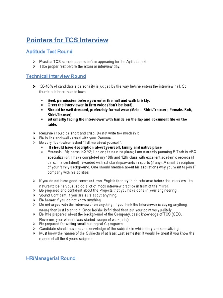 Pointers For TCS Interview: Aptitude Test Round | PDF | Cognition