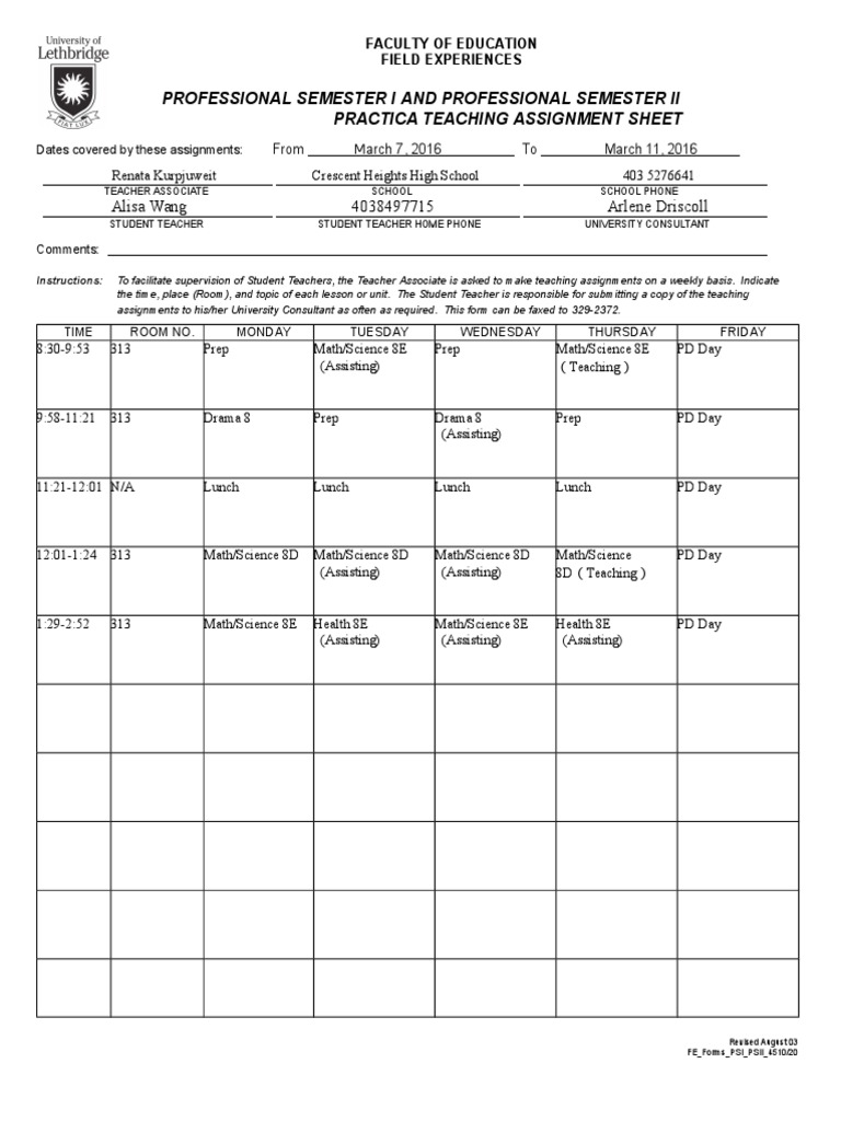 Teaching Assignment Sheet Week1 Pdf 1356