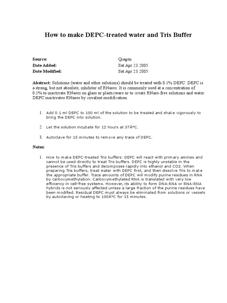 How To Make DEPC-treated Water and Tris Buffer | PDF