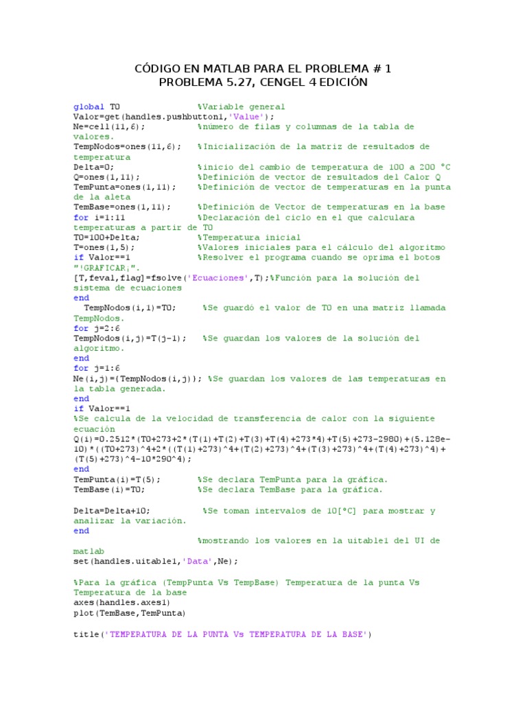 Código en Matlab para El Problema | PDF | Matriz (Matemáticas) | Conceptos matemáticos