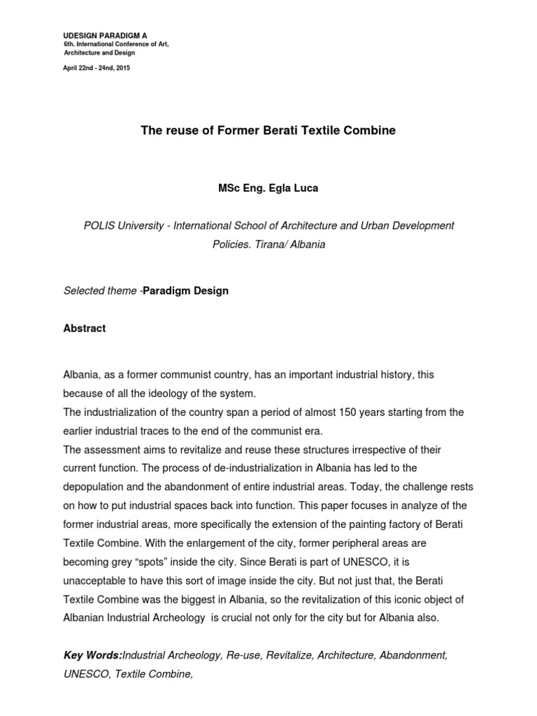 EGLA LUCA - The Reuse of Former Berati Textile Combine | PDF | Albania ...