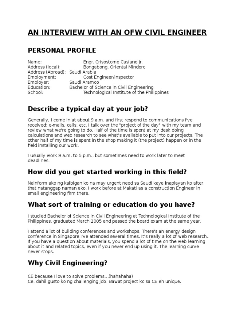 An Interview With An Ofw Civil Engineer | PDF | Engineer | Engineering