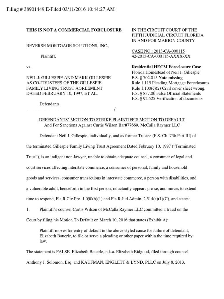 Defendants' Motion To Strike Plaintiff's Motion To Default | PDF ...