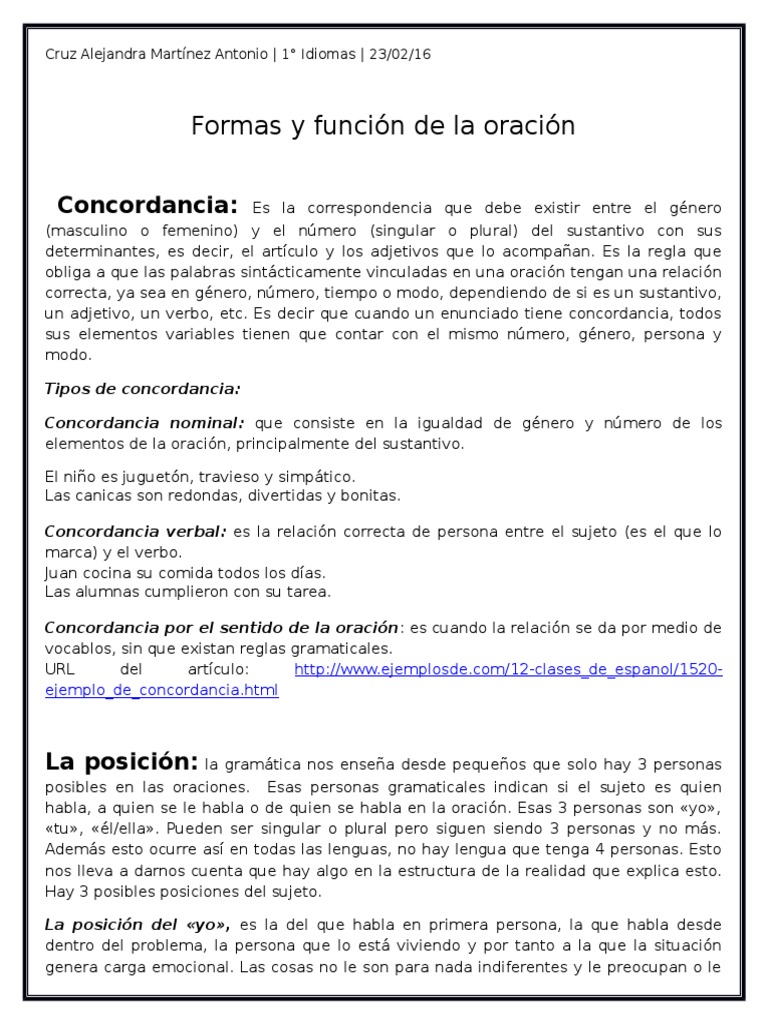1 Formas y Función de La Oración | Asunto (gramática) | Numero ...