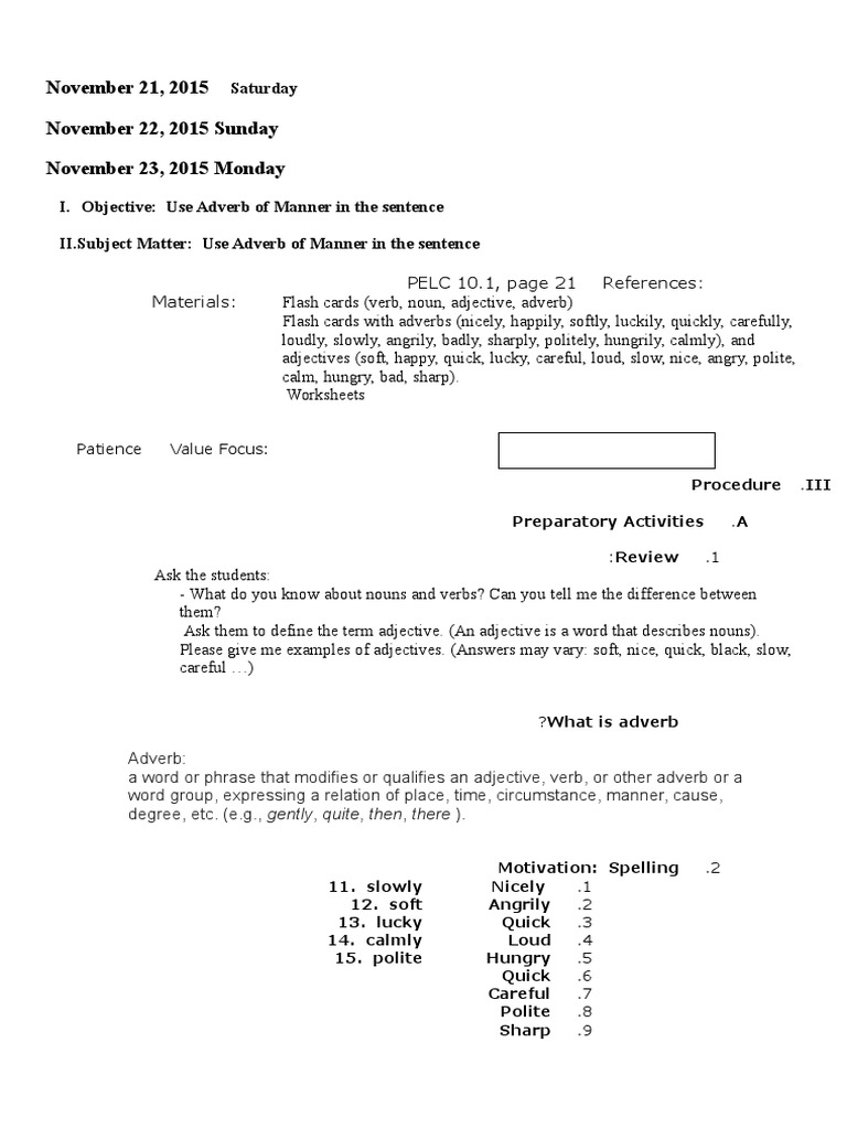 Adverbs of Manner Lesson Plan | PDF | Adverb | Verb