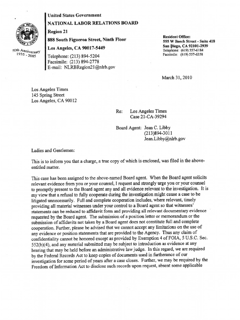 NLRB Letter and Unfair Labor Practice Charge | PDF