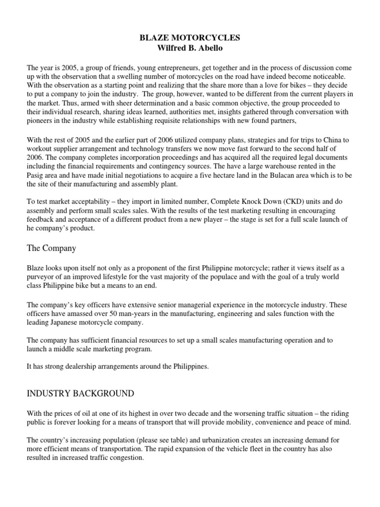 Blaze Motorcycles Wilfred B. Abello: The Company | PDF | Motorcycle | Brand