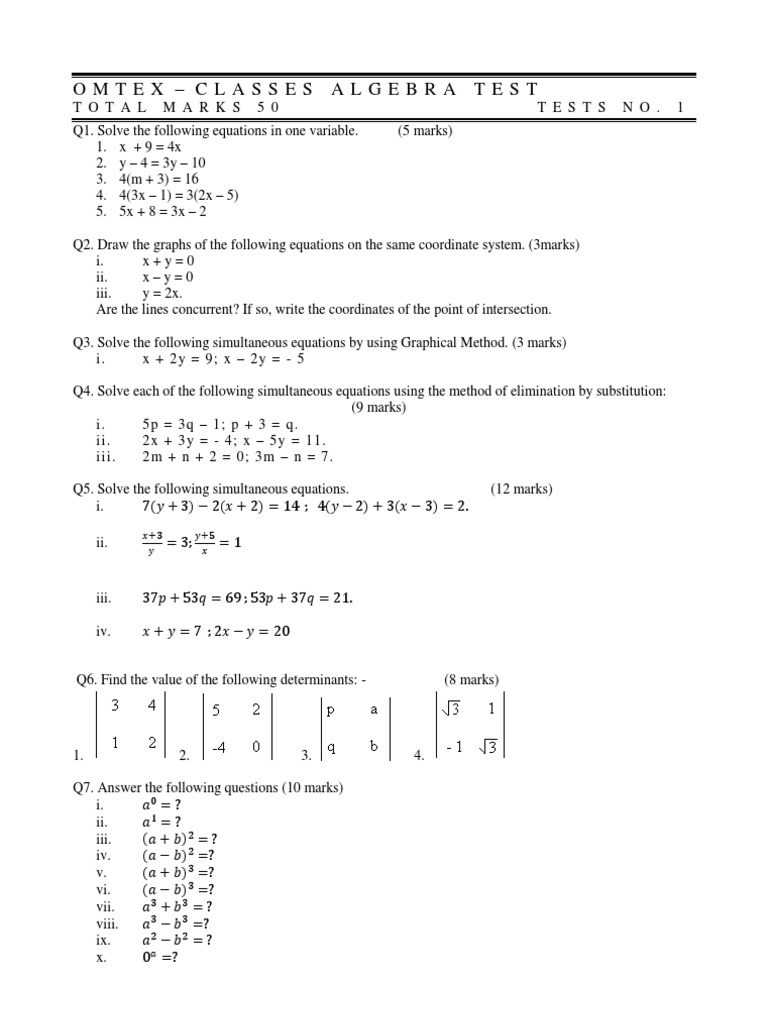 Test No.1 Linear Equations in Two Variables | PDF | Teaching Methods ...