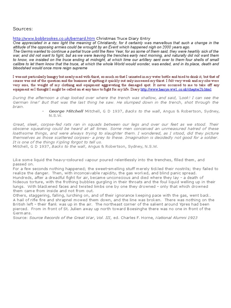 Sources:: Christmas Truce Diary Entry | PDF | Trench Warfare | Cookbooks