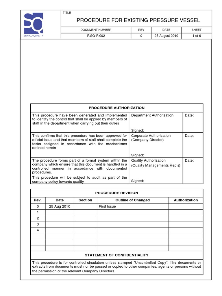 F.sq-p.002 Rev. 0 Procedure For Existing Pressure Vessel | PDF ...