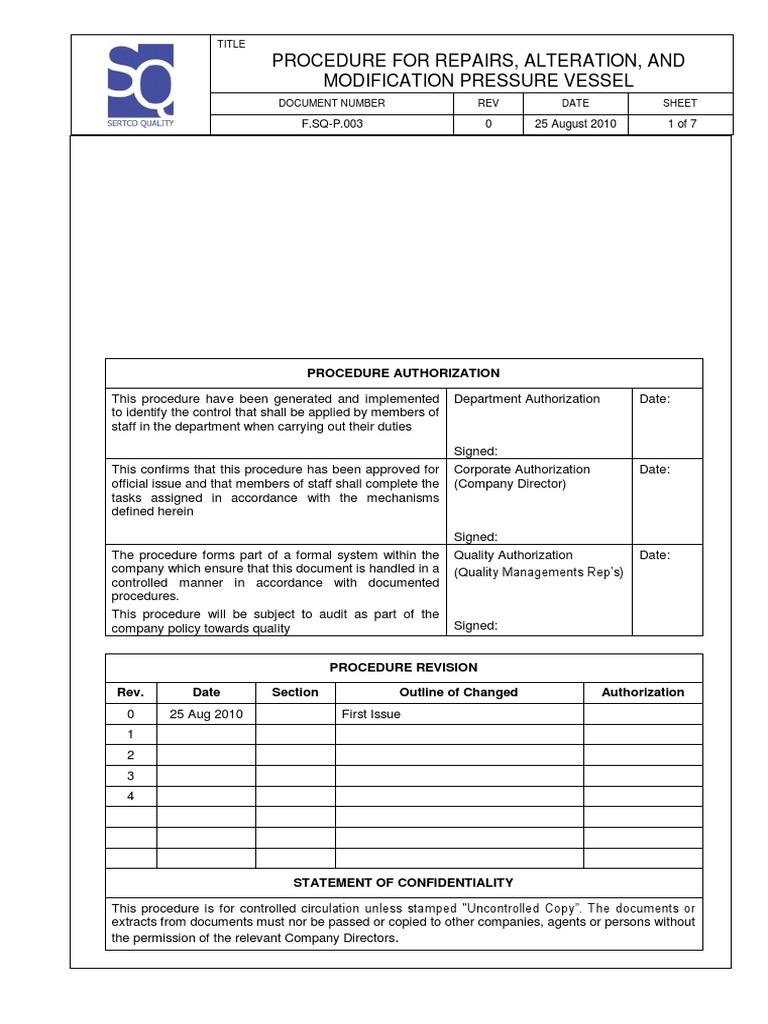 F.sq-p.003 Rev. 0 Procedure For Repair, Alteration, and Modification ...
