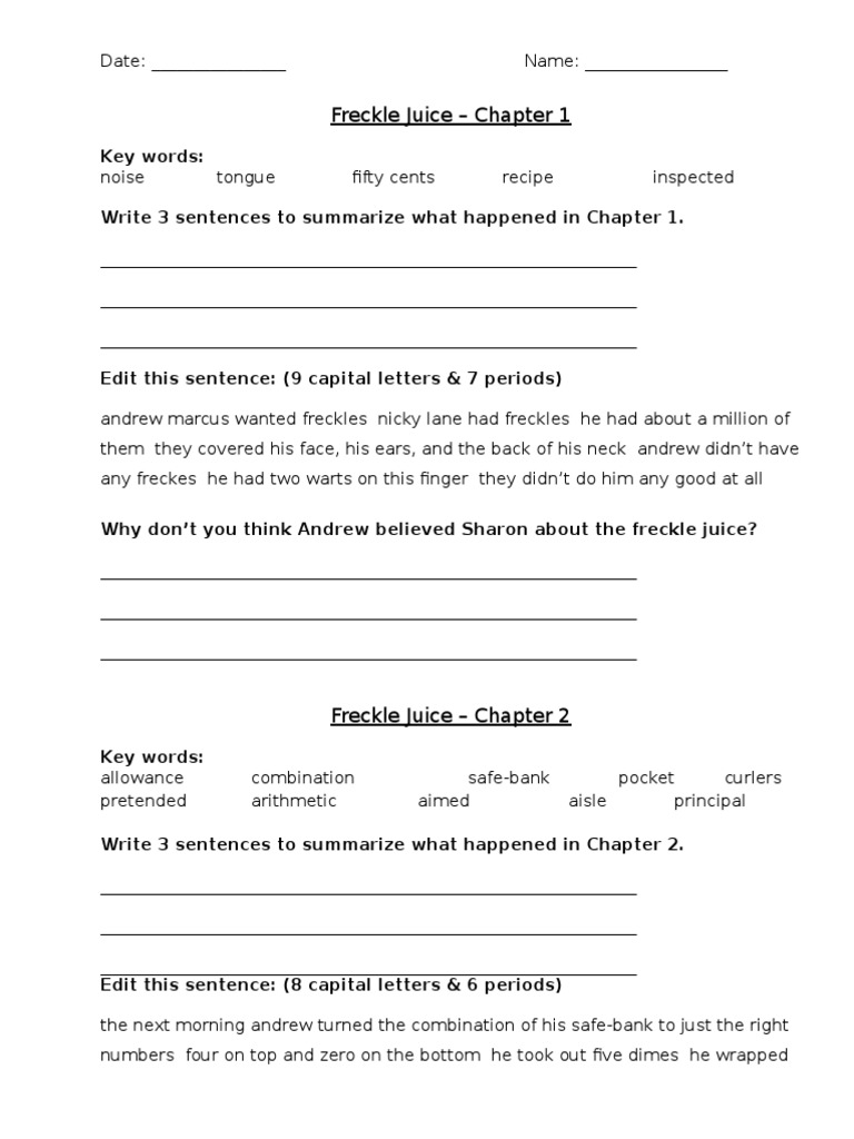 Freckle Juice Chapter Summaries and Activities | PDF | Leisure