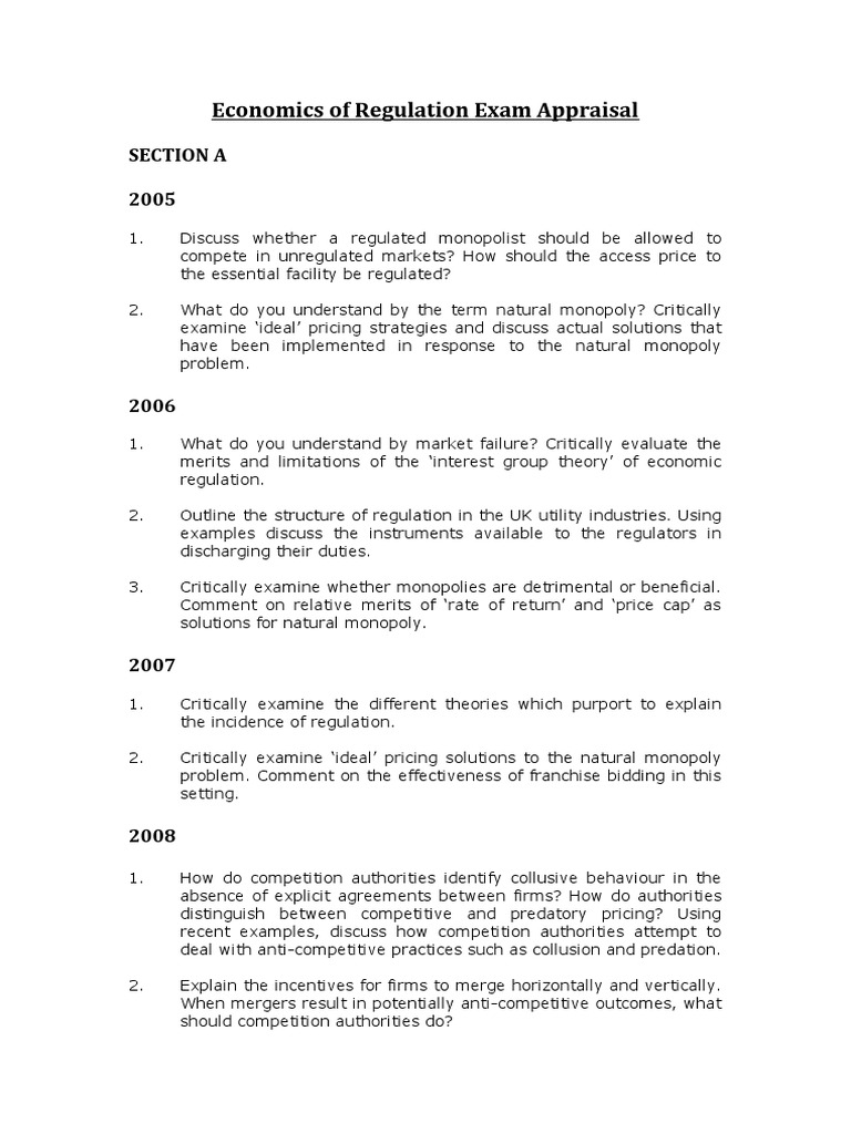 Economics of Regulation Exam Appraisal | PDF | Business | Monopoly