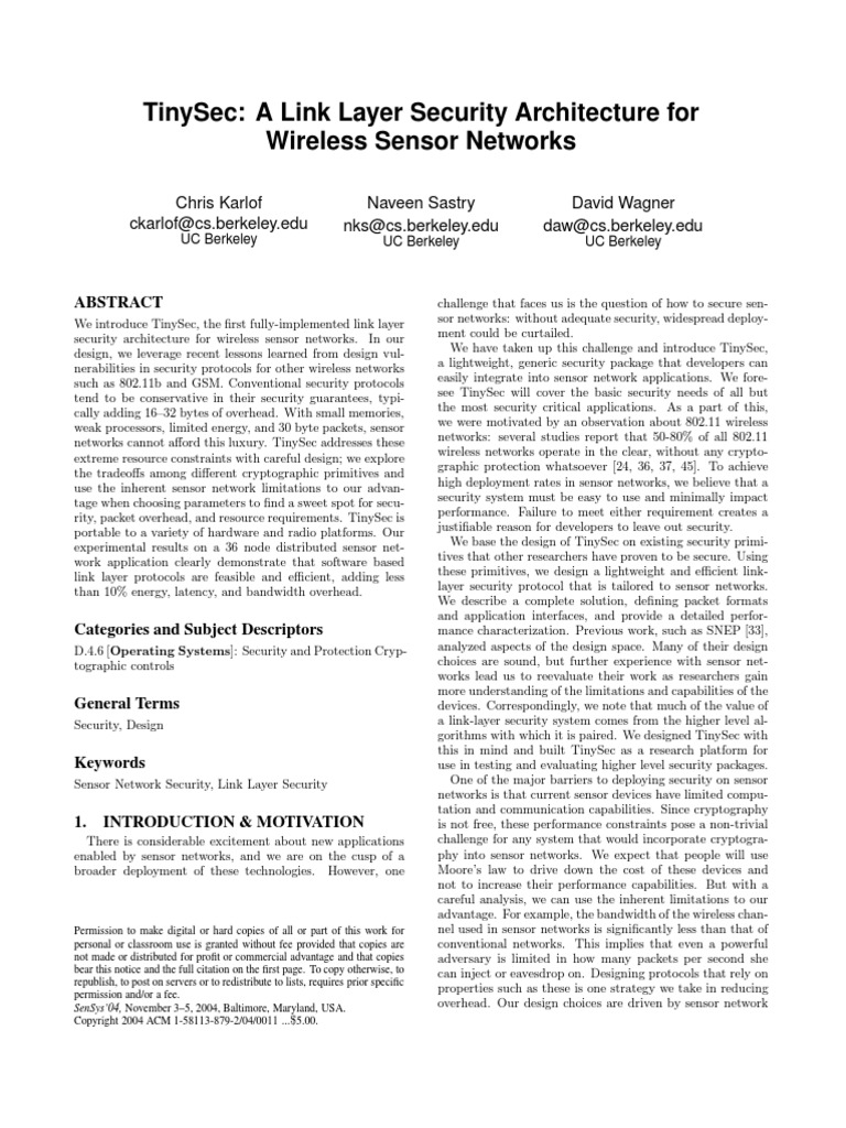 Tinysec: A Link Layer Security Architecture For Wireless Sensor ...