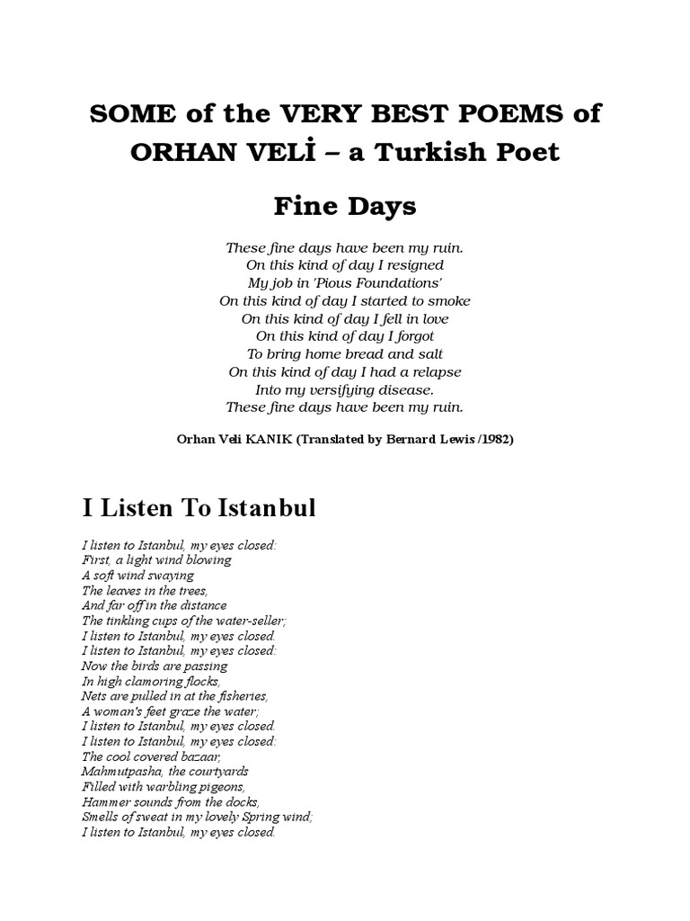 Some of The Very Best Poems of ORHAN VELİ - A Turkish Poet Fine Days | PDF
