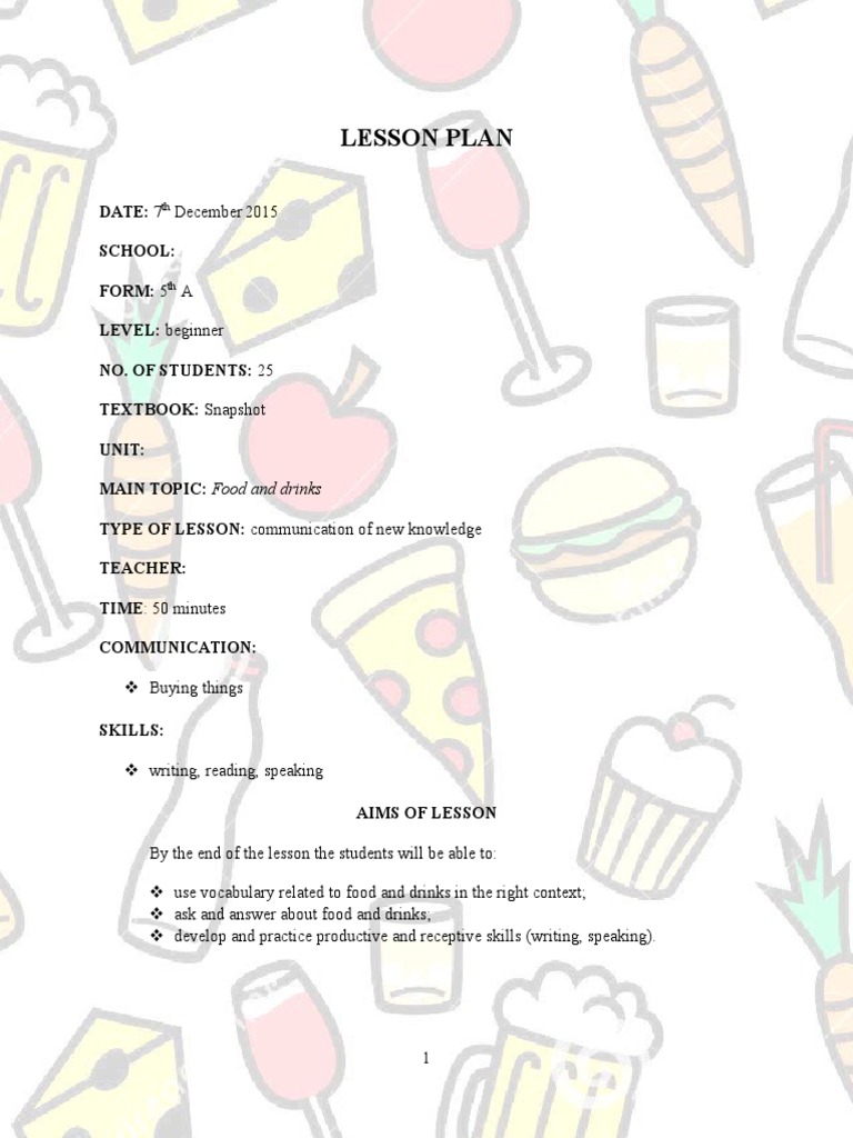 Lesson Plan Food and Drinks | PDF | Hamburgers | Lesson Plan