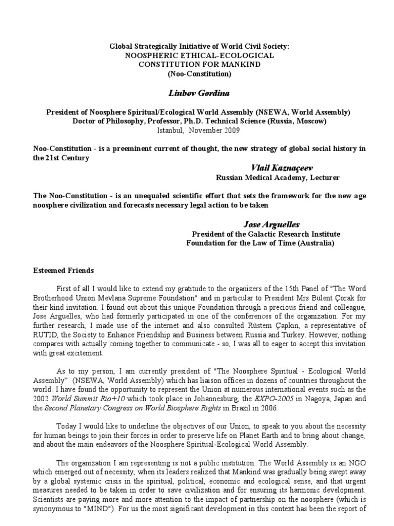 Noospheric Ethical Ecological Constitution Liubov Gordina | PDF | Human ...