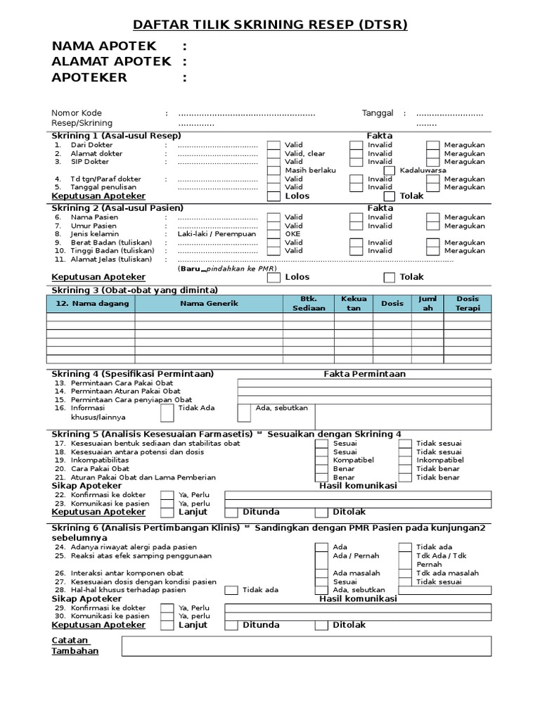 Daftar Tilik Skrining Resep2 | PDF