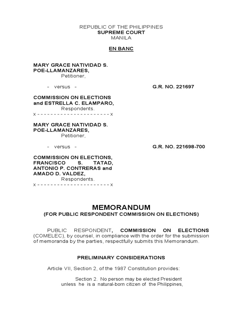 Comelec Memo Re Grace Poe | PDF | Judgment (Law) | Certiorari