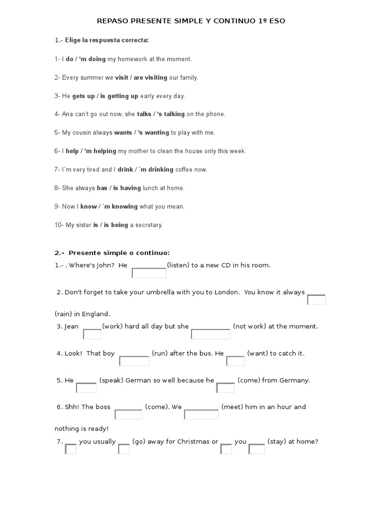Repaso Presente Simple y Continuo 1º Eso | PDF