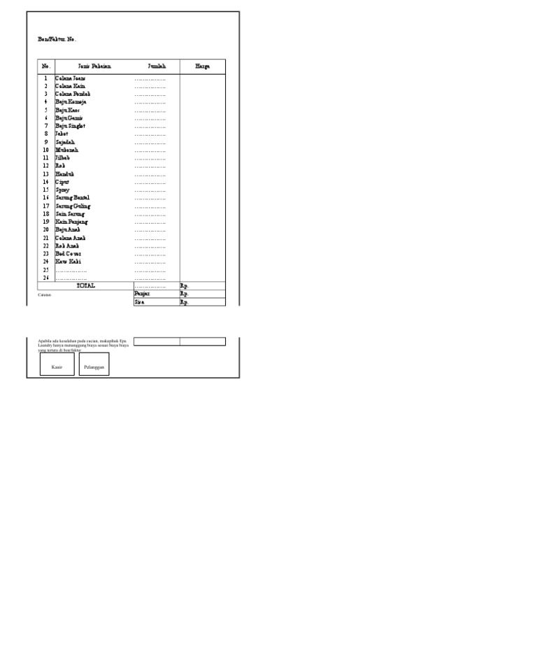 Contoh Bon Laundry Kiloan Lengkap | PDF | Griya & Taman