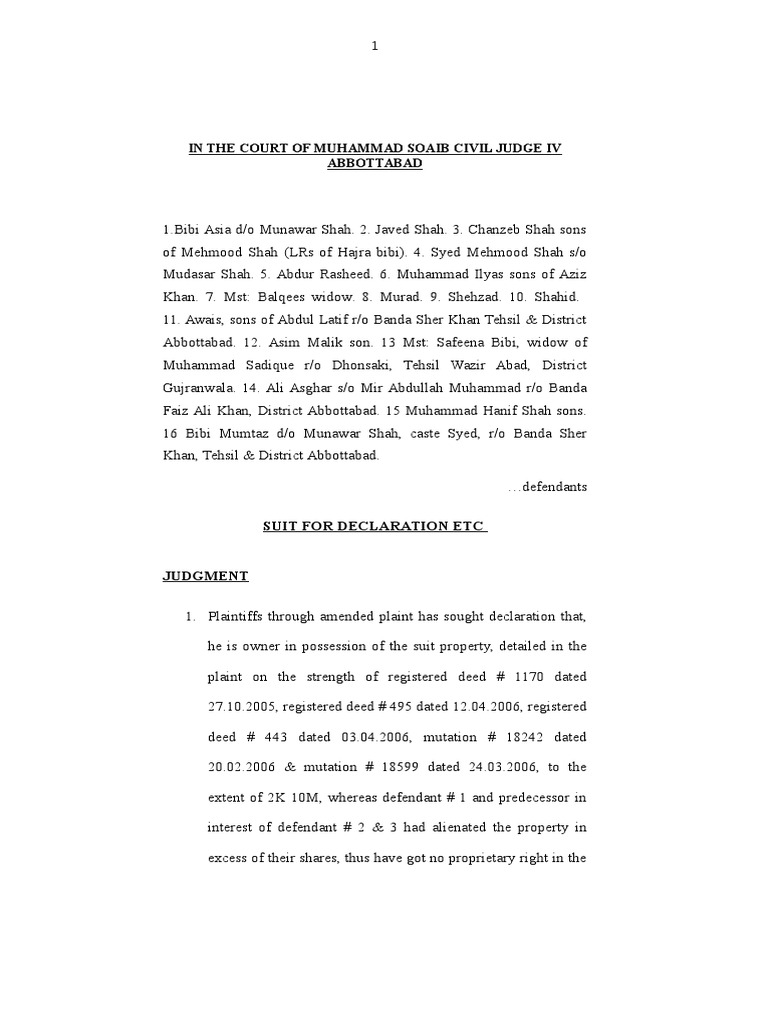 In The Court of Muhammad Soaib Civil Judge Iv Abbottabad: Suit For Declaration Etc | PDF ...