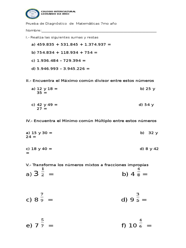 7mo Matematicas Diagnostico | PDF