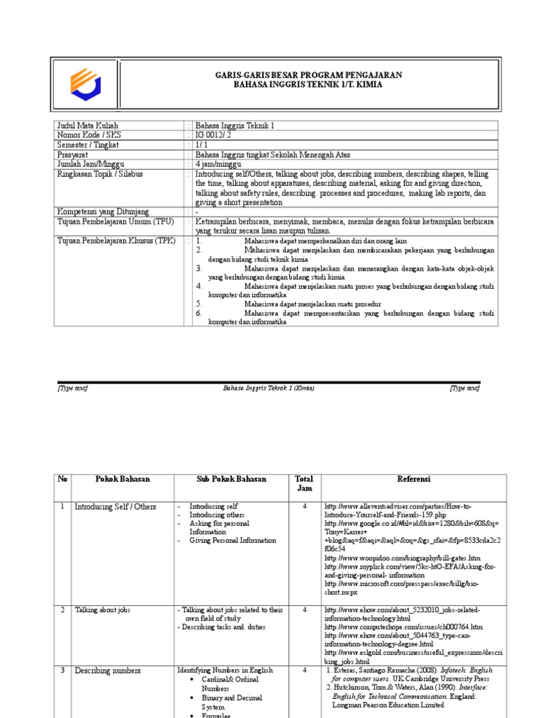 Contoh Pembuatan Silabus Untuk Mata Pelajaran Bahasa Inggris | PDF